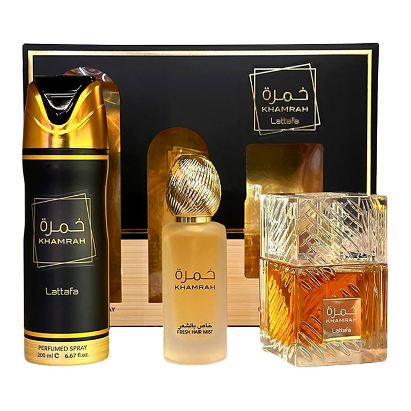 Khamrah Gift Set by Lattafa – Unisex EDP, Deodorant & Hair Mist
